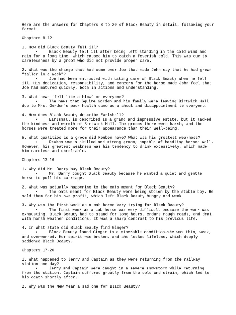 Black Beauty Chapters 8-20 Q&A | PDF | Black Beauty