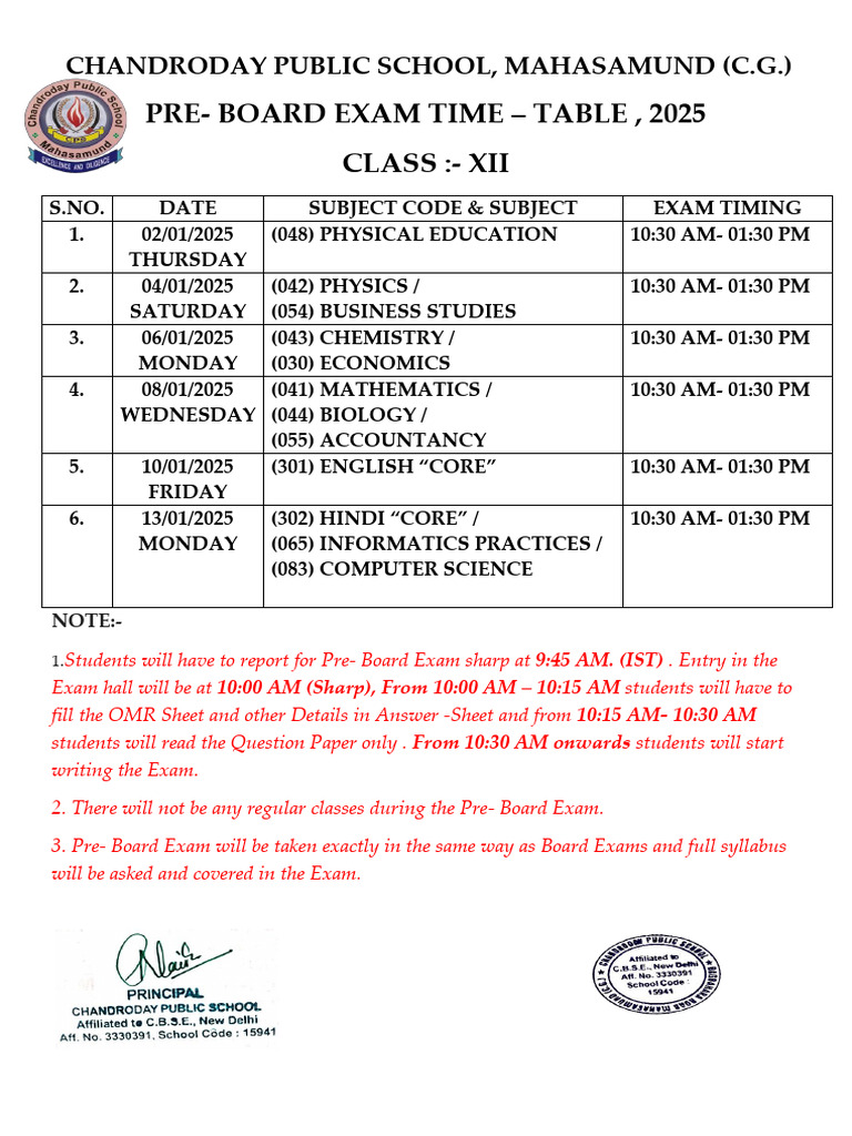 Pre - Board Exam Time - Table, Xii, 2024 - 25 | PDF