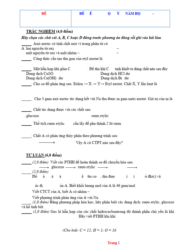 HÓA 9 ĐỀ CK1 | PDF