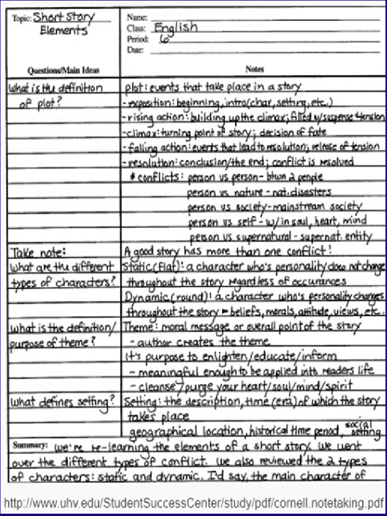 Cornell Note Taking English Example | PDF