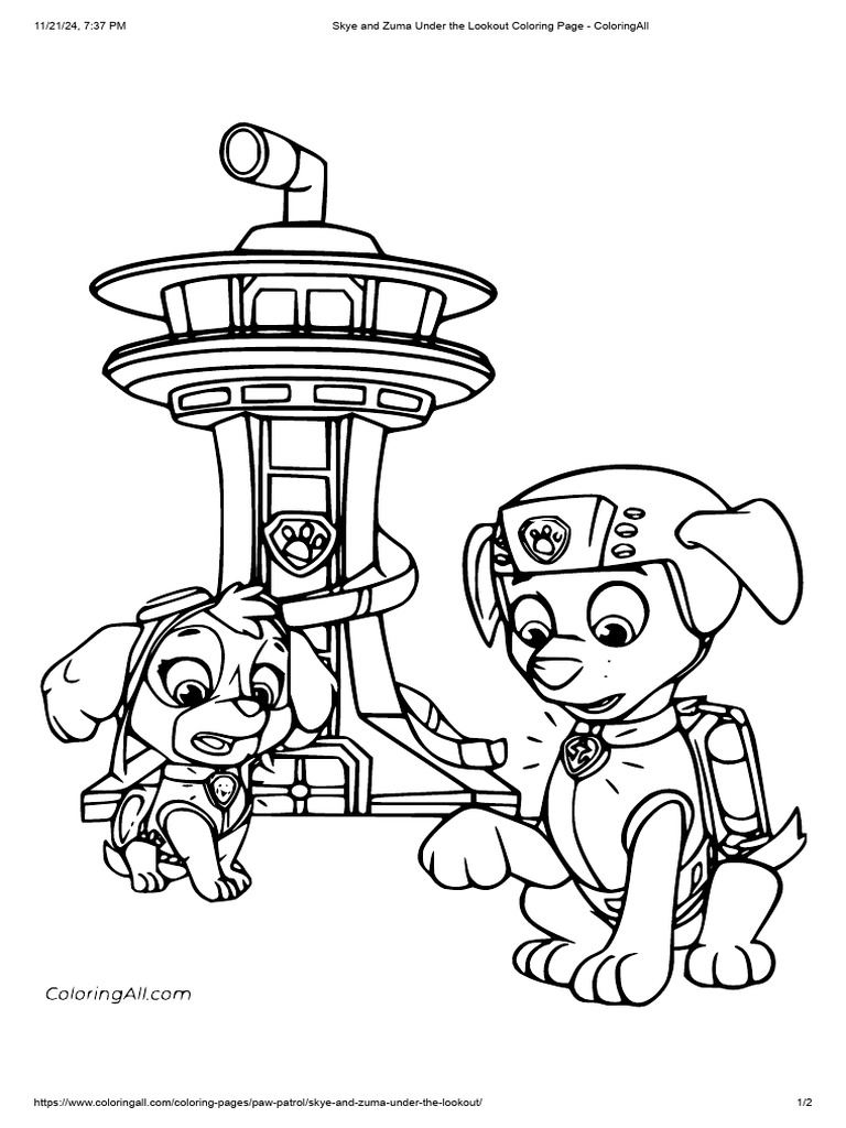 Skye and Zuma Under The Lookout Coloring Page - ColoringAll | PDF
