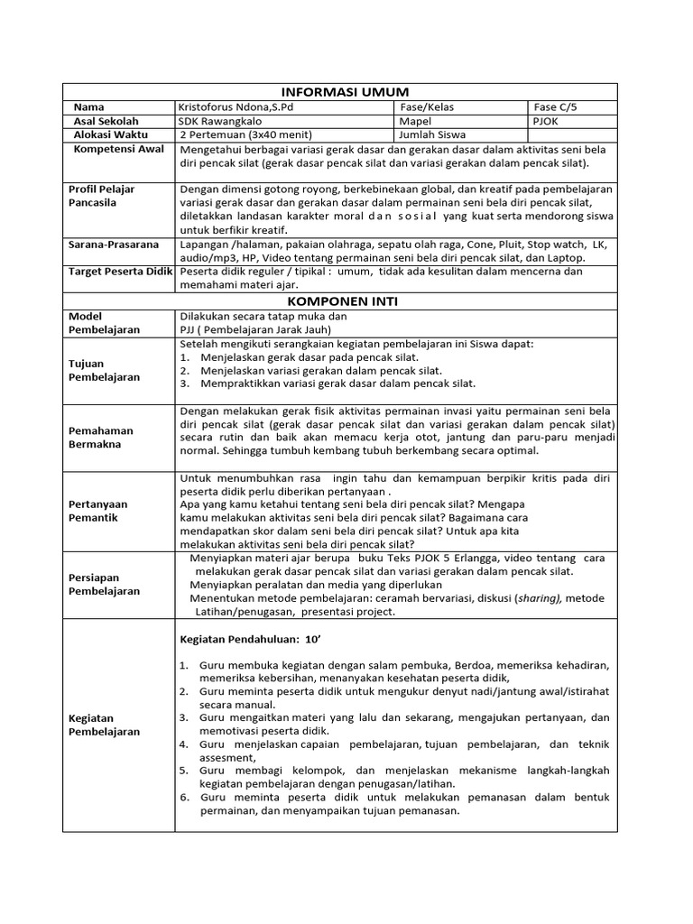 MODUL AJAR PJOK 5 BAB 4 (Seni Bela Diri Pencak Silat) | PDF