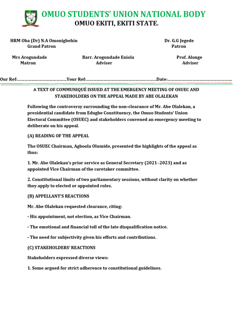 Omuo Students' Union Election Appeal Resolution | PDF