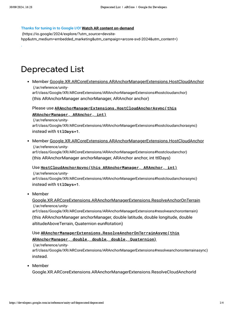 Deprecated List _ ARCore _ Google for Developers | PDF | Computing | Software Engineering