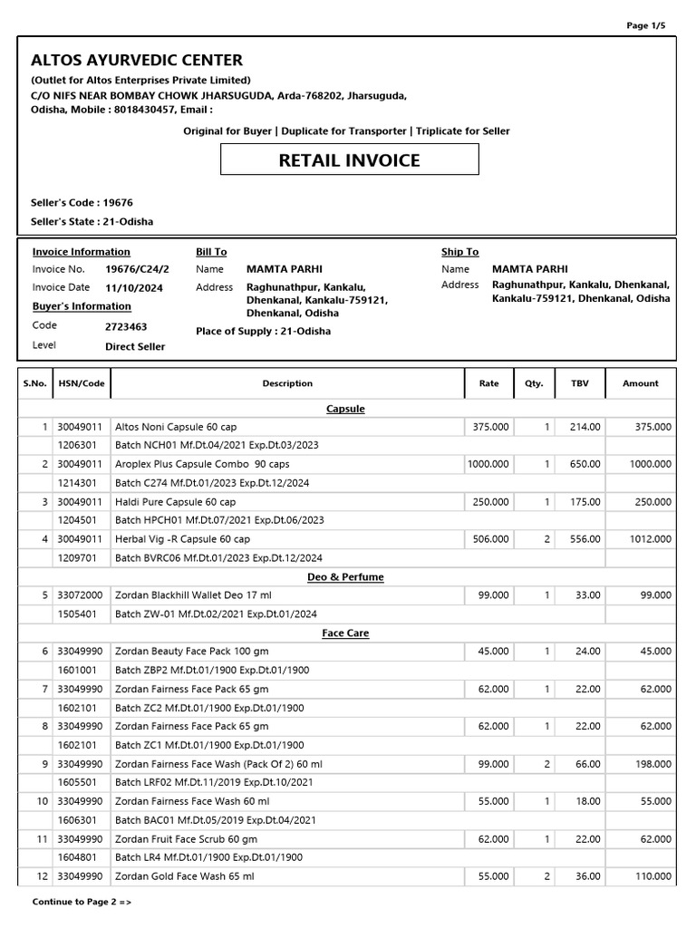 Retail Invoice: Altos Ayurvedic Center | PDF