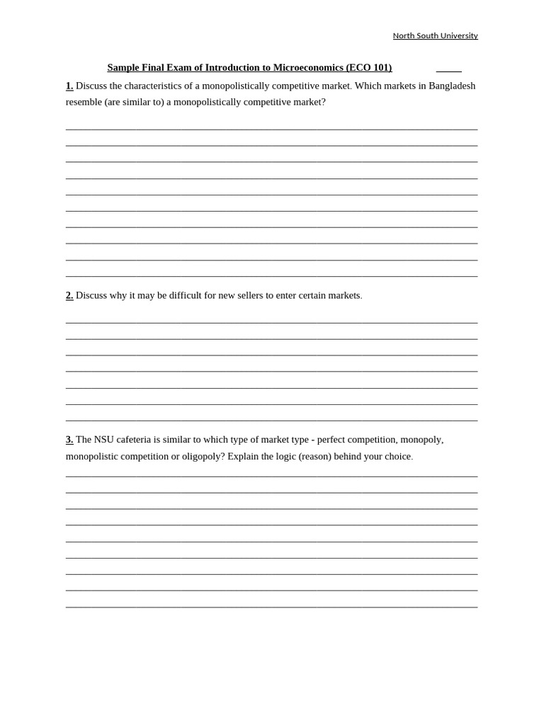 Sample Final Exam Eco 101 | PDF | Market (Economics) | Welfare Economics