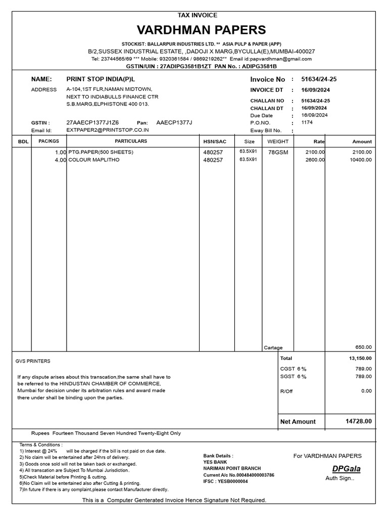 Tax Invoice for Vardhman Papers | PDF