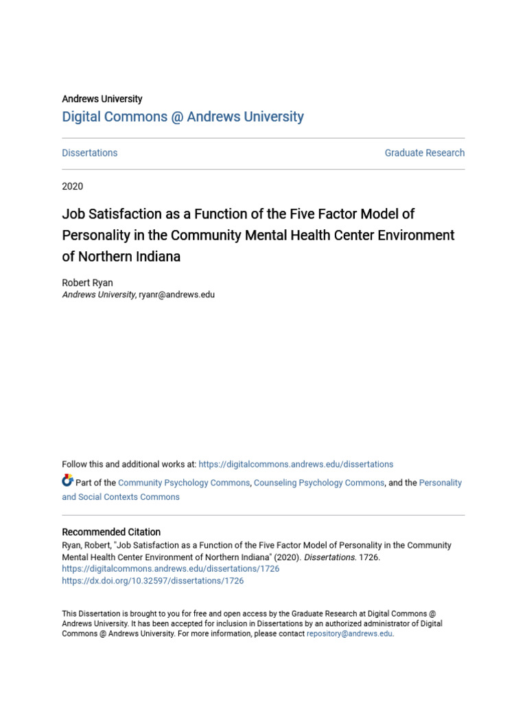 Job Satisfaction As A Function of The Five Factor Model of Person | PDF ...