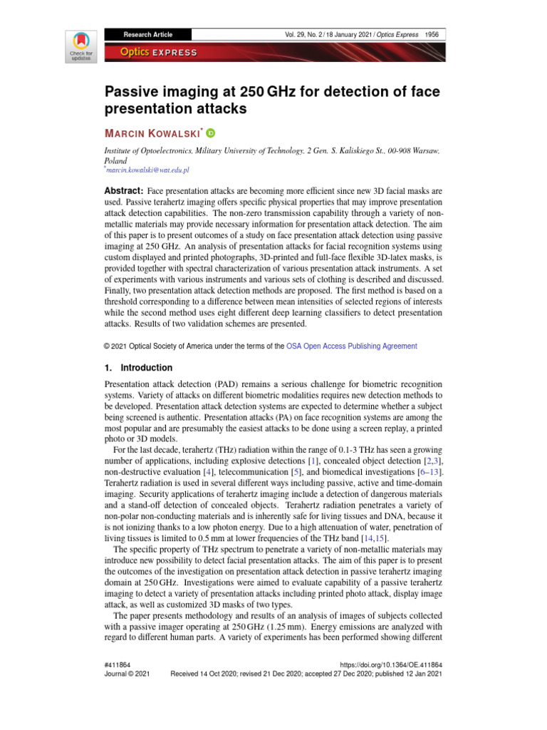 Passive Imaging at 250 GHZ For Detection of Face P | PDF | Terahertz ...