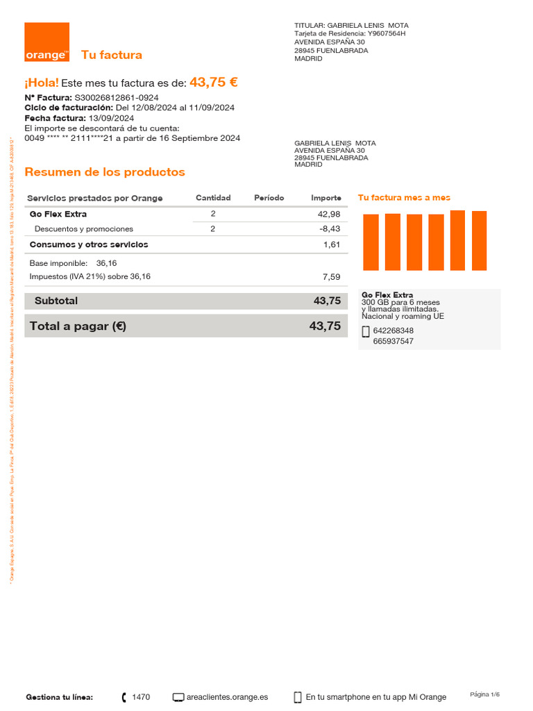 Factura Mensual de Orange - Septiembre 2024 | PDF