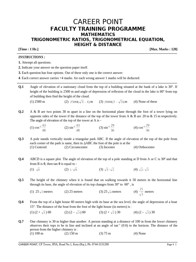 Trigonometric Ratios, Trigonometrical Equation, Height & Distance | PDF ...