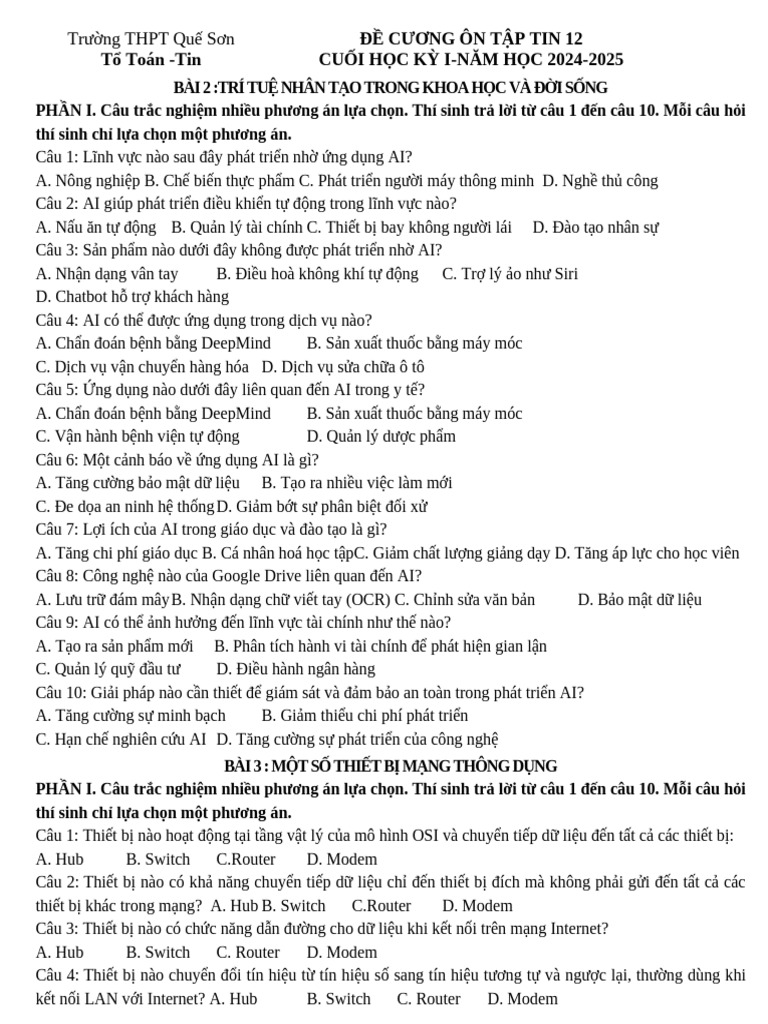 4 de Cuong On Tap Tin 12 KT HK1 24 25 | PDF