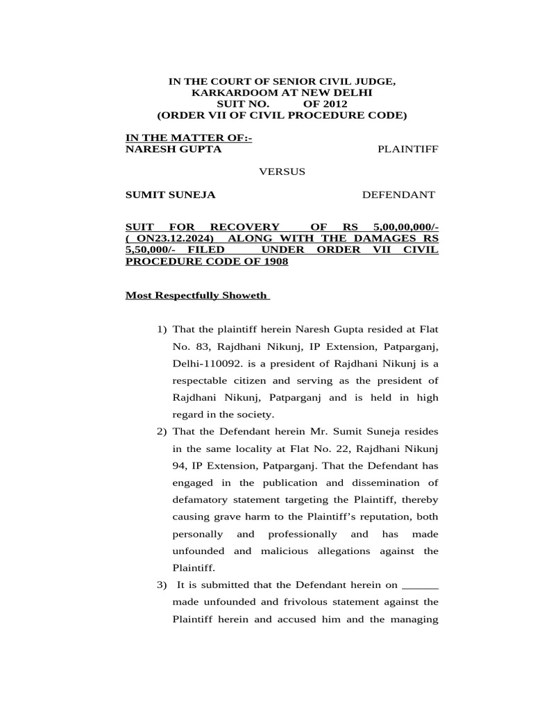 Recovery Suit of Naresh Gupta | PDF | Defamation | Lawsuit