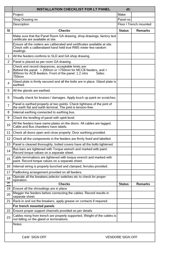 Installation Check List for LT Panel | PDF | Equipment | Electrical ...