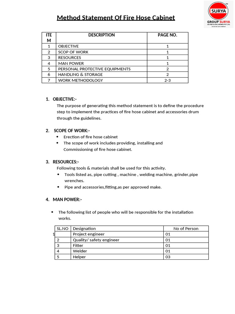 Method Statement Of Fire Hose Cabinet | PDF | Personal Protective Equipment | Welding