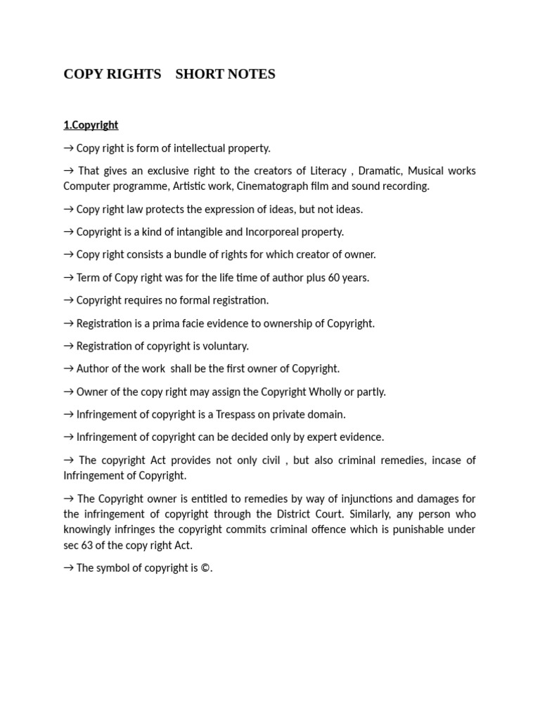 COPY RIGHTS SHORT NOTES | PDF | Copyright | Fair Use