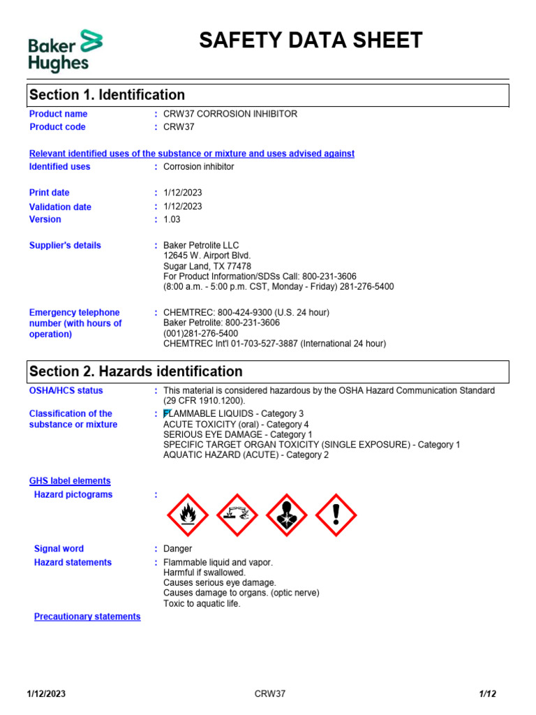 CRW37 Corrosion Inhibitor Safety Data | PDF | Toxicity | Safety