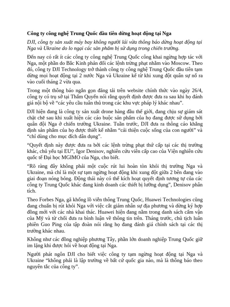 Công Ty Công Nghệ Trung Quốc Đầu Tiên Dừng Hoạt Động Tại Nga | PDF
