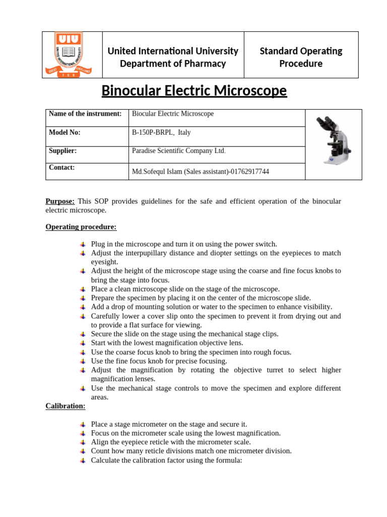 Biunocular Microscope Sop | PDF | Microscope | Equipment