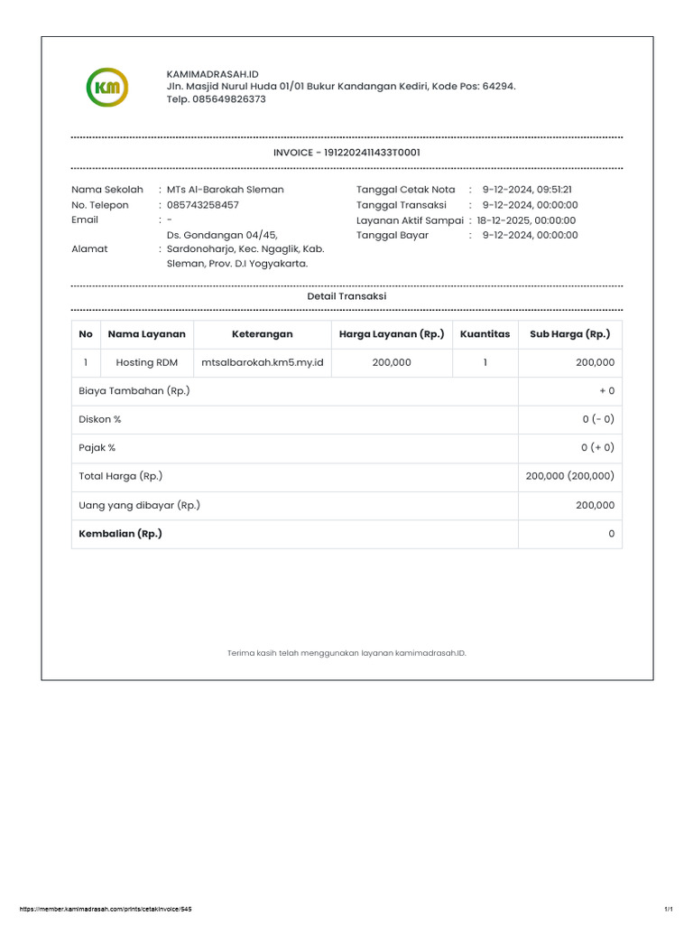 Cetak Invoice - 1912202411433T0001 - MTs Al-Barokah Sleman | PDF