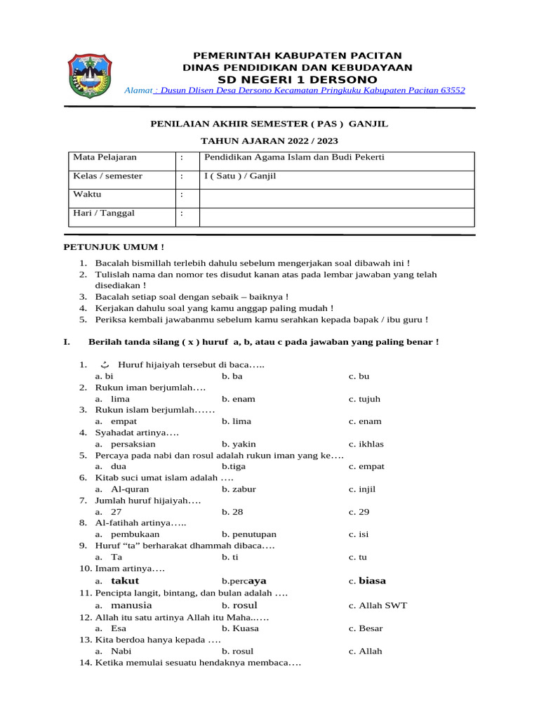 SOAL PAS pai KELAS 1 GANJIL | PDF