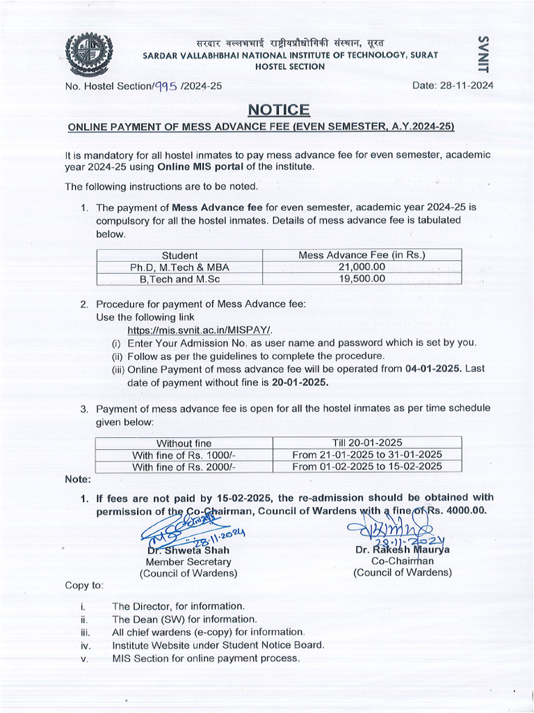 Notice - Online Payment of Mess Advance Fee (Even Semester 2024-25) | PDF
