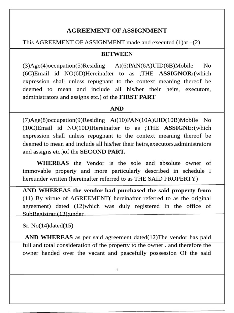 Property Assignment Agreement Template | PDF | Assignment (Law) | Deed