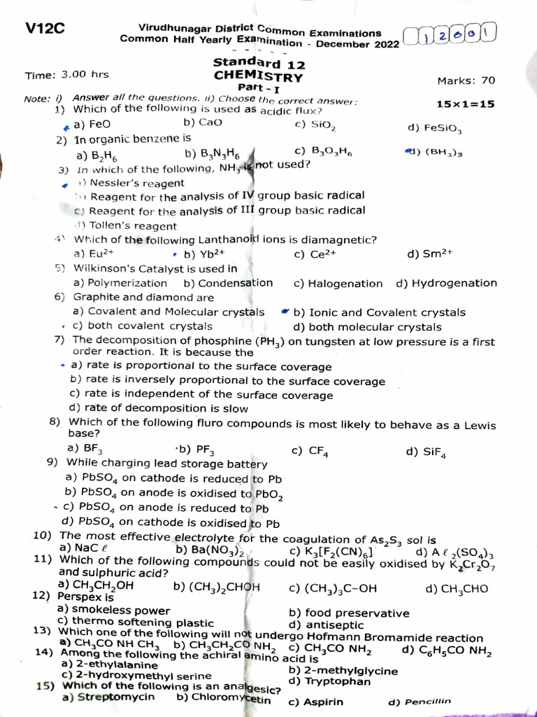 12th Chemistry EM Half Yearly Exam 2022 Answer Key Virudhunagar ...
