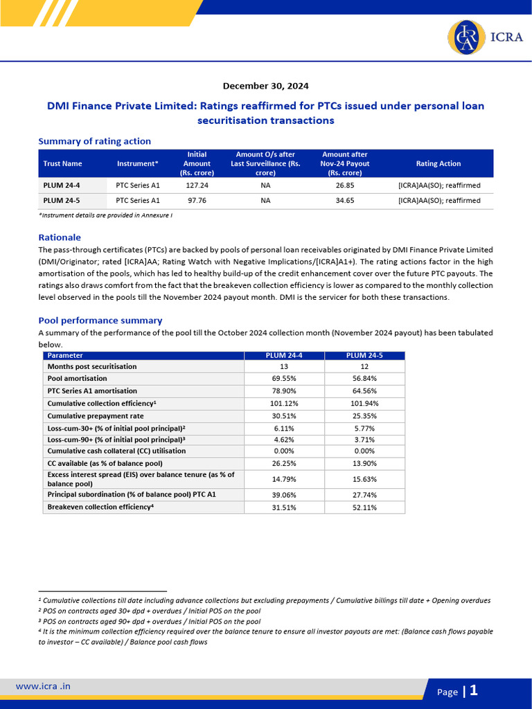 DMI Finance PTC Ratings Reaffirmed | PDF | Securitization | Loans