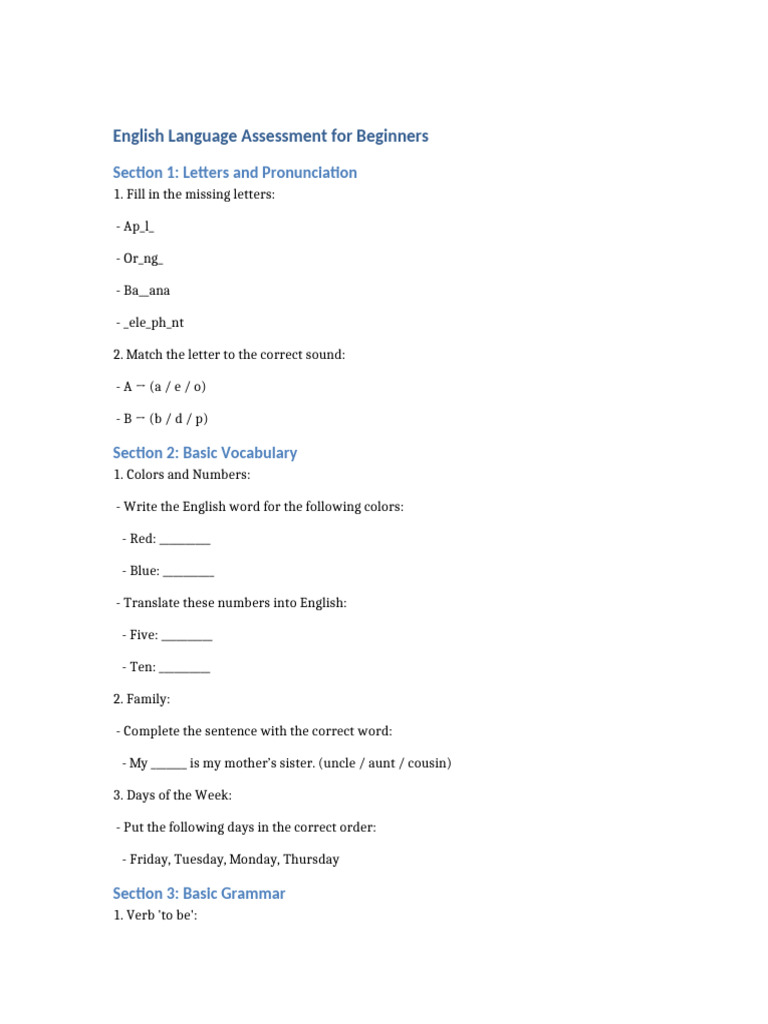 English Assessment Beginners | PDF
