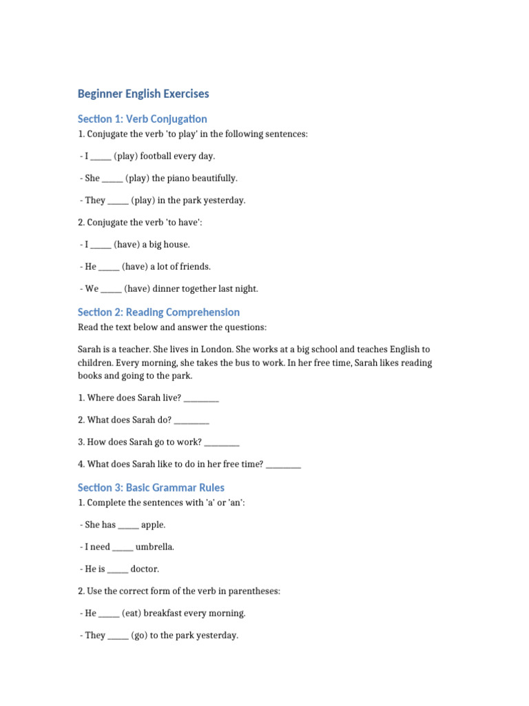 Beginner English Exercises | PDF