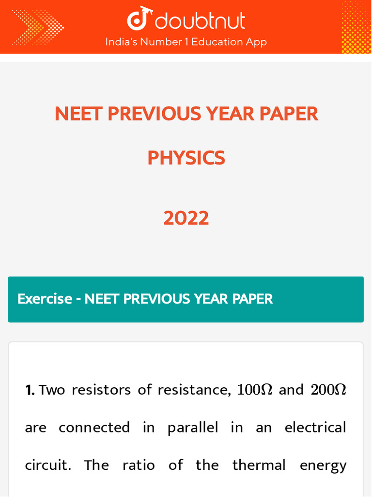 Neet Previous Year Paper Class 12 Physics 2022 Doubtnut English Medium ...