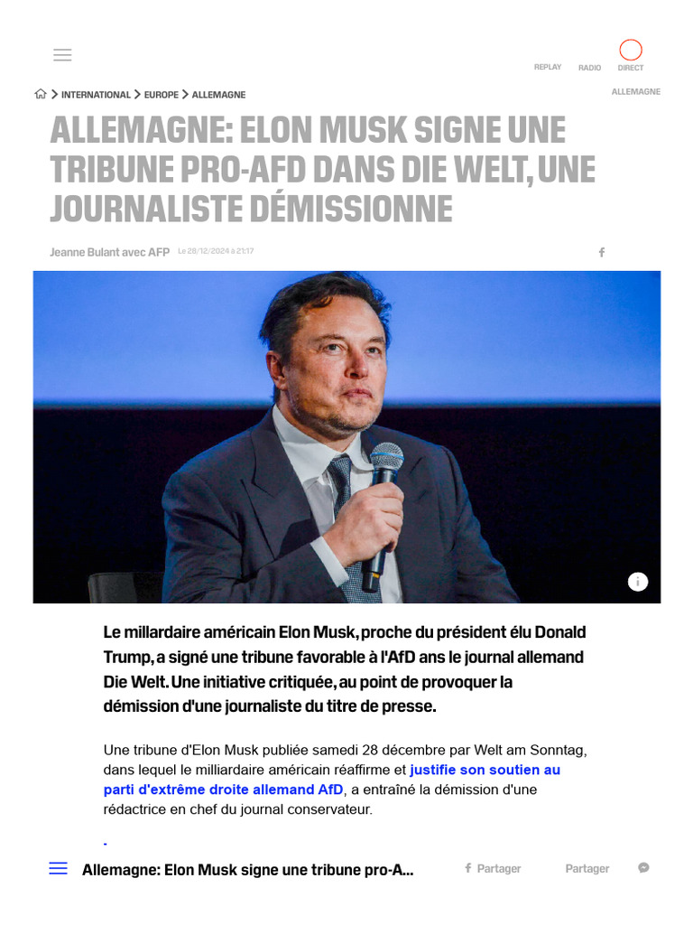 Allemagne - Elon Musk Signe Une Tribune pro-AfD Dans Die Welt, Une ...