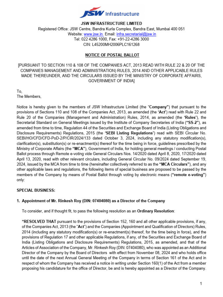 JSW Infrastructure Postal Ballot Notice | PDF | Electronic Voting ...