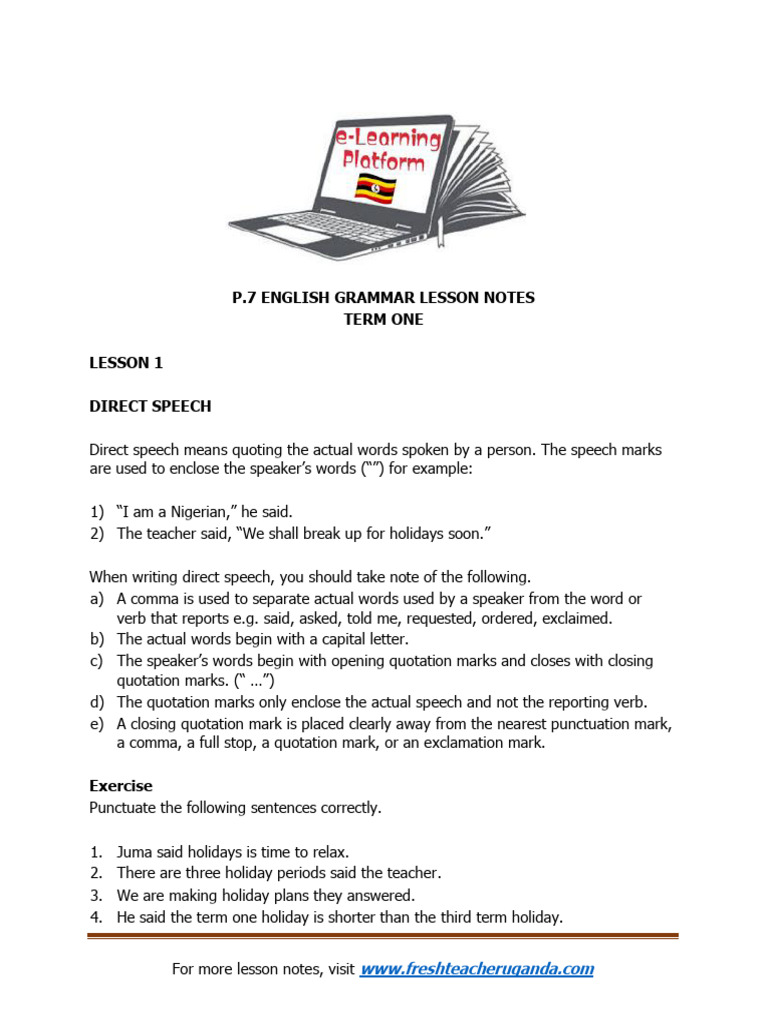p.7 Grammar Lesson Notes | PDF | Adjective | Quotation Mark
