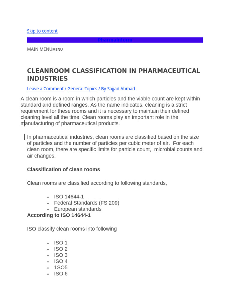 Clean Room Classification | PDF | Room | Unit Operations