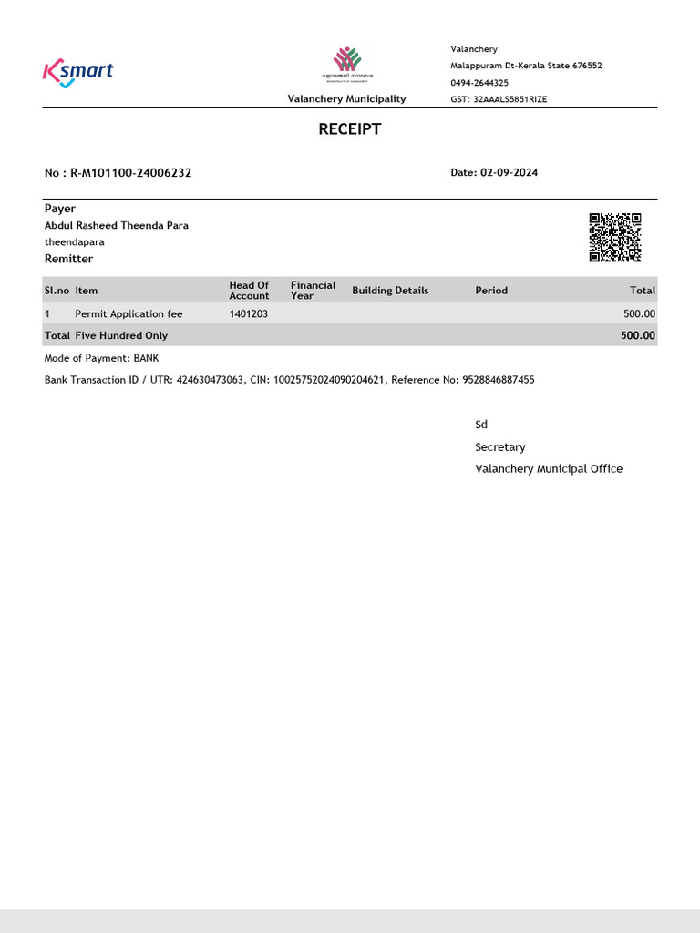 KSmart Building Permit Payment Receipt | PDF
