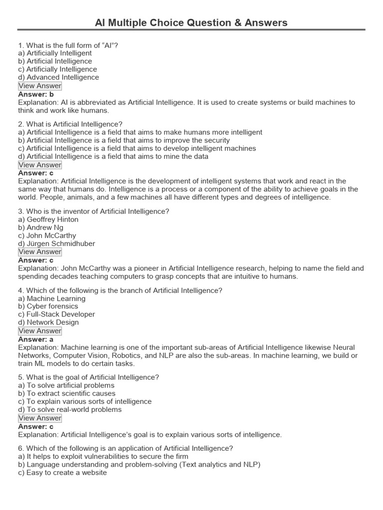 AI Multiple Choice Question | PDF | Artificial Intelligence | Intelligence (AI) & Semantics
