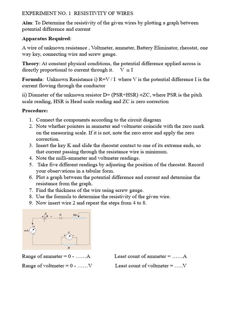 1. RESISTIVITY OF WIRES | PDF | Voltage | Quantity