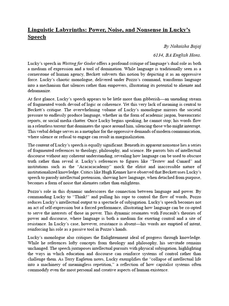 Lucky's Speech: Language as Control | PDF | Discourse