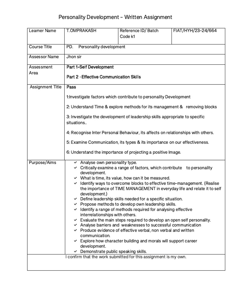 Personality Development Assignment Guide | PDF | Leadership | Emotions