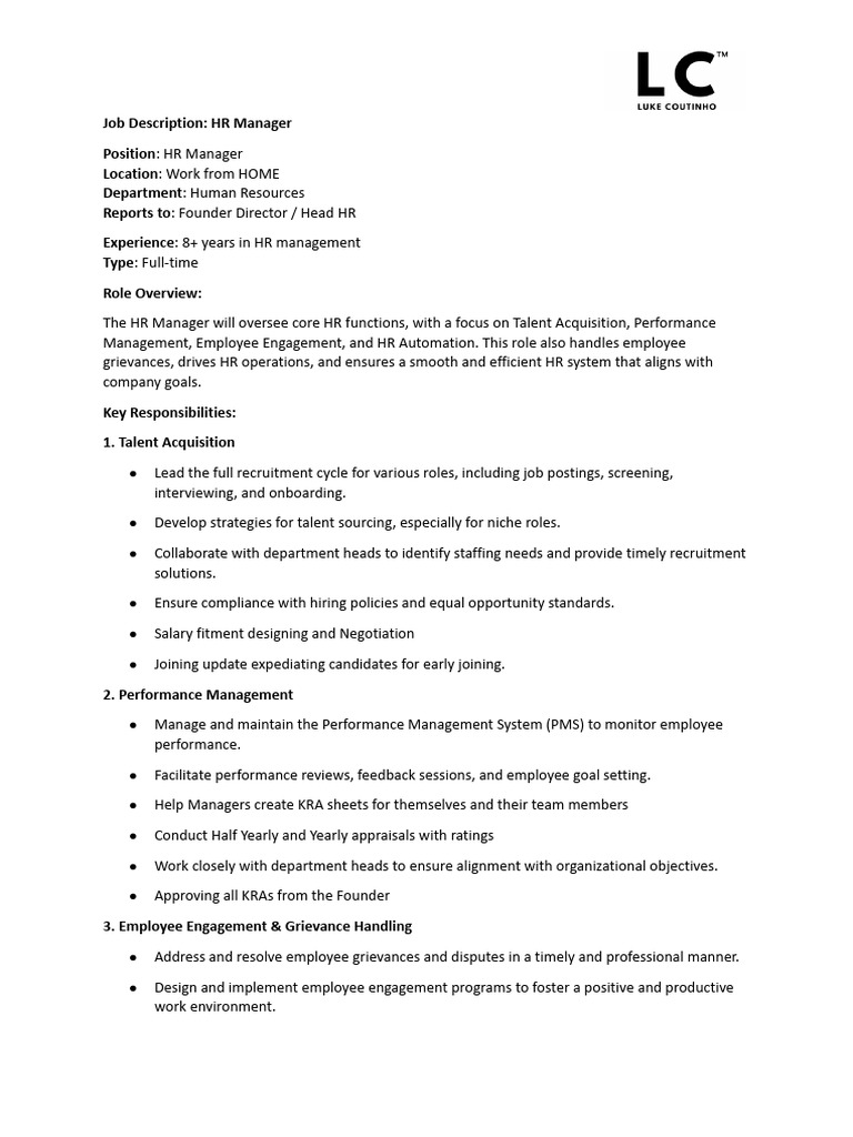 HR Manager Job Description Template | PDF | Applied Psychology ...