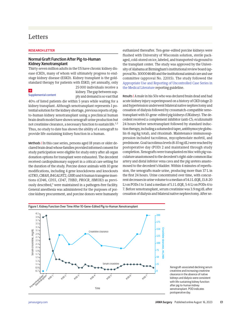 Normal Graft Function After Pig-to-Human Kidney Xenotransplant | PDF ...
