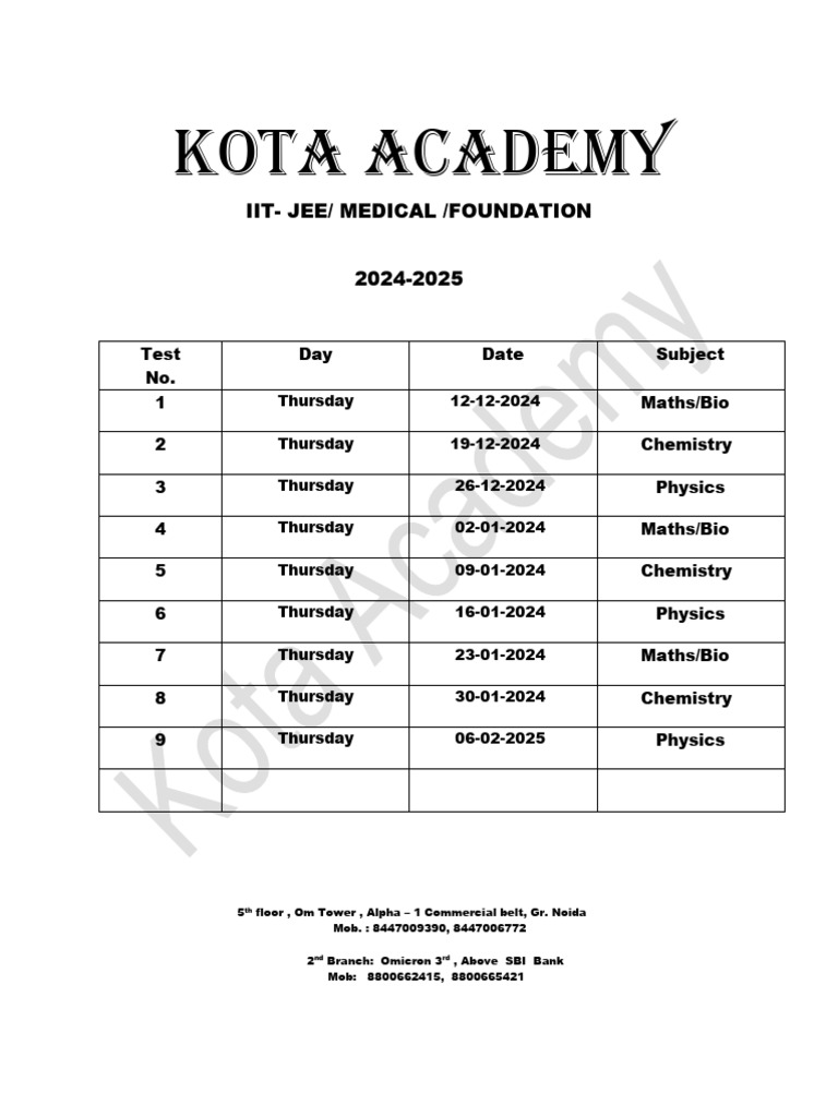Time Table of 12TH Board Pattern Test Full Length 2024-2025.. | PDF