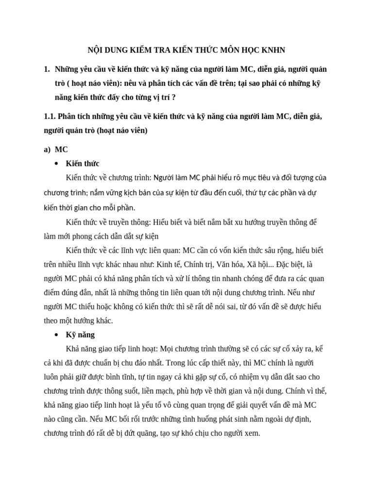 NỘI DUNG KIỂM TRA KIẾN THỨC MÔN HỌC KNHN | PDF