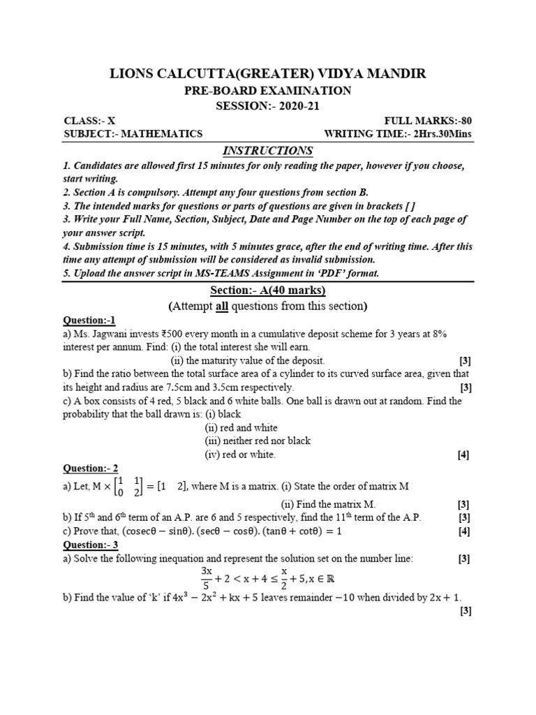 10-Mathematics-Pre-board Ques - Subrata Das | PDF | Mathematics