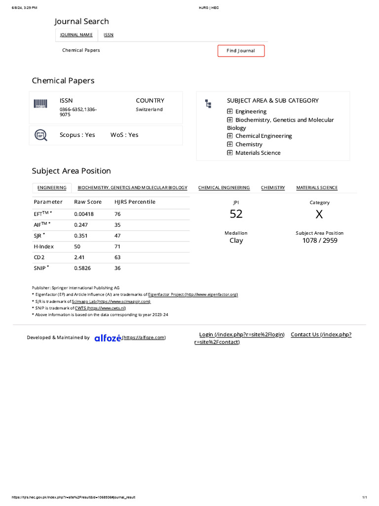Chemical Papers Journal Metrics 2023 | PDF | Scholarly Communication ...