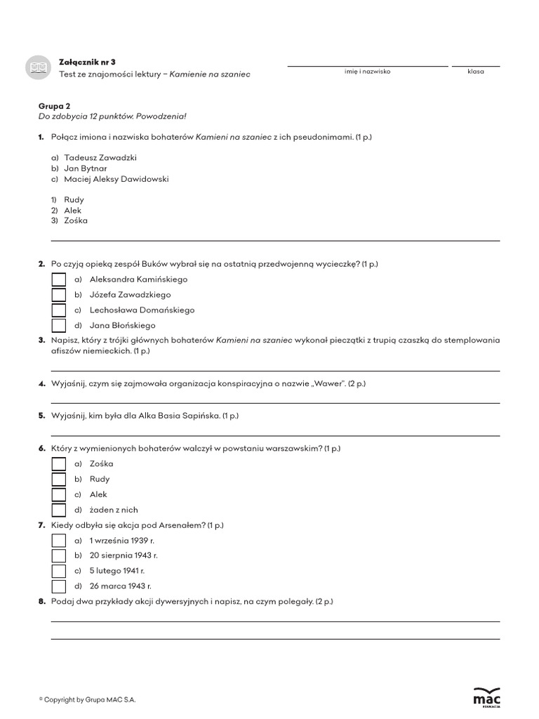 Test Ze Znajomosci Lektury Kamienie Na Szaniec Grupa 2 | PDF