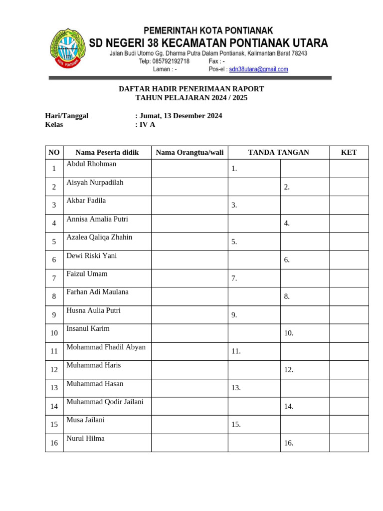 Daftar Hadir Penerimaan Raport | PDF