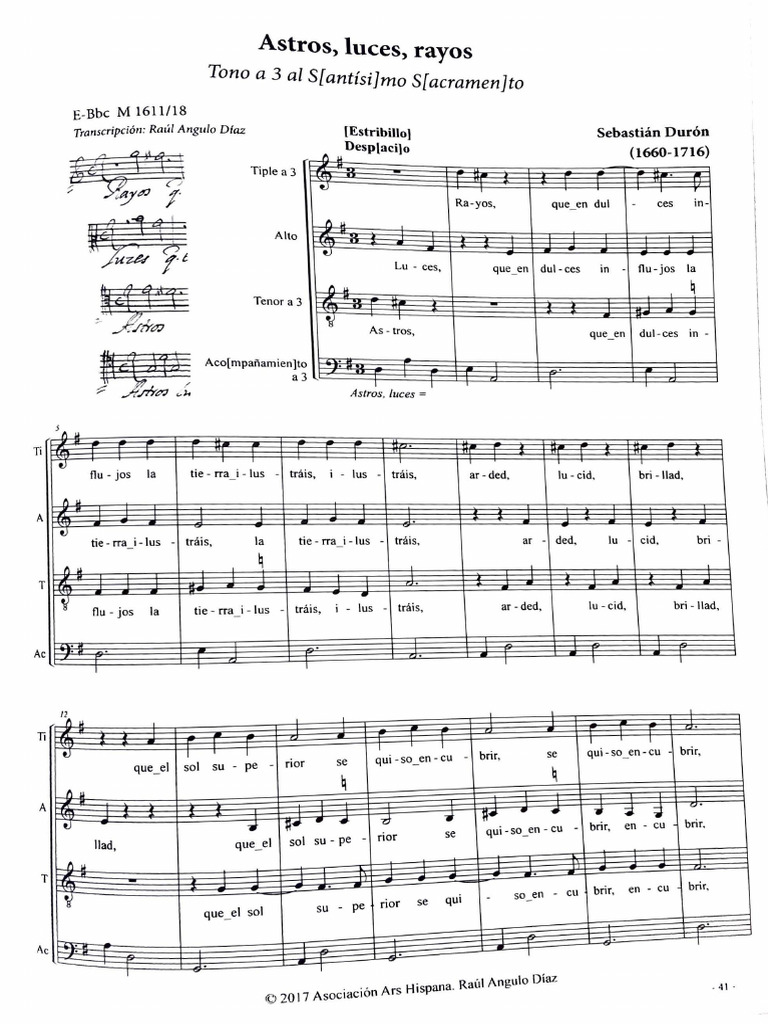 Partitura de "Astros, luces, rayos" de Sebastián Durón | PDF